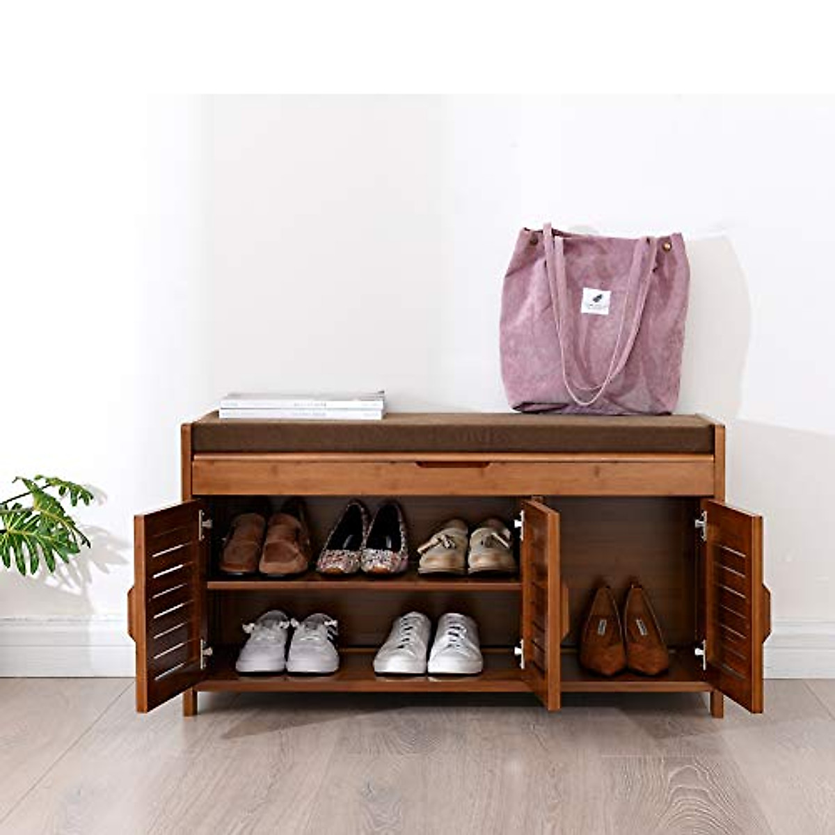 K KELBEL Wooden Shoe Storage Organizer & Cabinet & Rack Bench for Closet, Entryway, Window & Outdoor Bench, Boot Organizing Detachable Cushion with Hidden Storage Compartment, Large Size