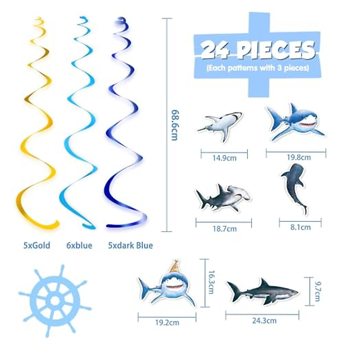 WERNNSAI Shark Party Hanging Swirls – 24 PCS Shark Party Supplies Birthday Decorations for Boys Ocean Shark Themed Party Baby Shower Ceiling Decor