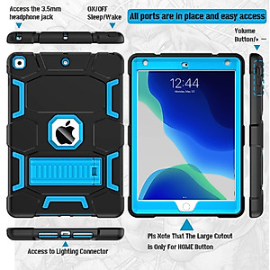 CCMAO iPad 9th Generation Case, iPad 8th/7th Generation Case, iPad 10.2 2021/2020/2019 Case with Kickstand, Heavy Duty Shockproof Hybrid Three Layer Protective Cover for Kids Boys, Black+Sky Blue