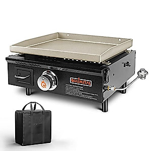 QuliMetal Portable Griddle Flat Top Grill 17 Inch Table Top Griddle Gas Grill Propane Grill with Carry Bag Outdoor Griddle Camping Griddle 15,000 BTU Burner 268 Sq Stainless Steel For Party Tailgating