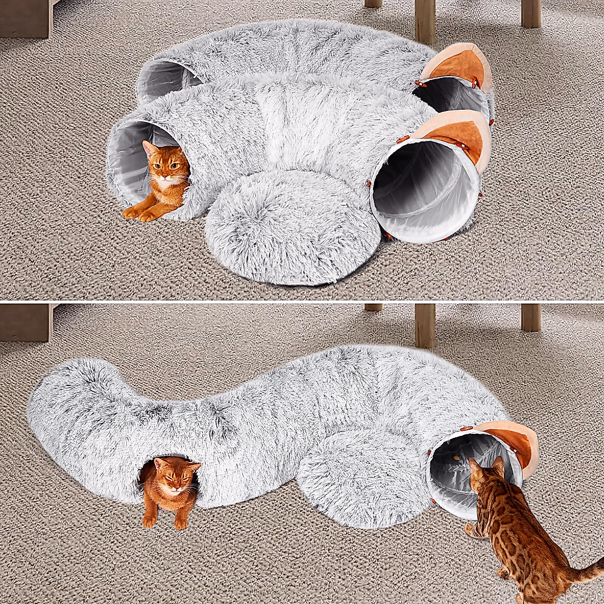 NEZIN Cat Tunnel with Cat Bed for Indoor Cats, Under Christmas Tree Plush Peekaboo Cat Cave, Multifunctional Cat Donut Tunnel Playground Toys for Cats Kitten Rabbit Ferret, Grey