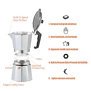 MVPLUE Classic Moka Pot 6 Cup 9 oz，Stovetop Espresso Maker Aluminum Silver，Cuban Coffee Maker， Greca，Make Delicious Coffee Easily at Home