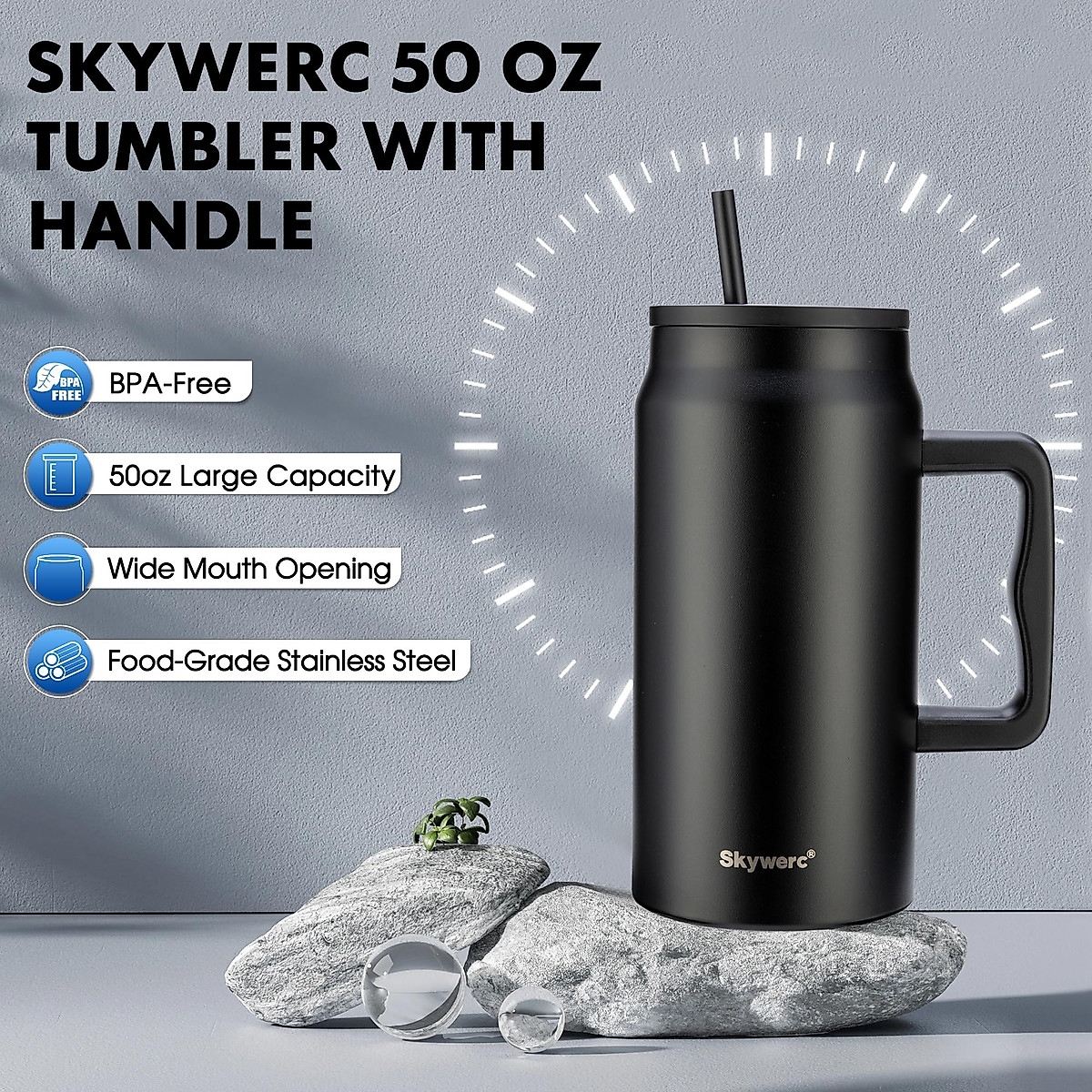 Skywerc 50 oz Tumbler with Handle, Vacuum Insulated Water Bottle with Lid and Straw, Stainless Steel Double Wall Travel Jug Coffee Mug, Keep Cold for 36H, 100% Leak-proof, Non-slip Base - Azure