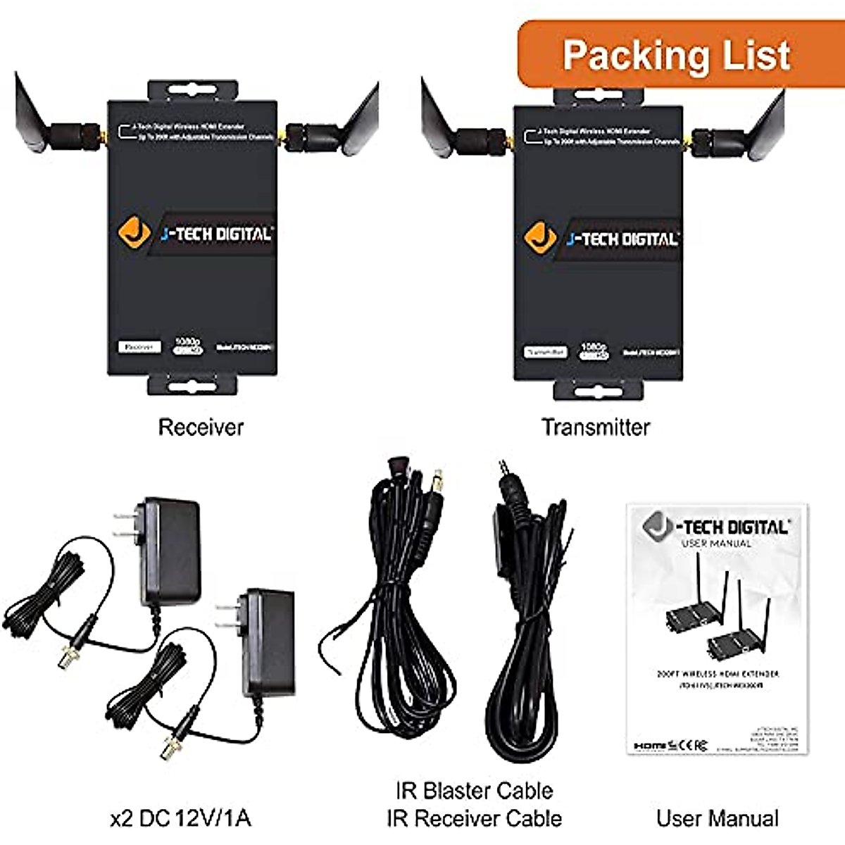 J-Tech Digital 1X2 Wireless HDMI Extender 200’ Dual Antenna Supporting Full HD 1080p with HDMI Loop Output Operation Channel Change IR Passthrough (Receiver + Transmitter 1080P 200ft)