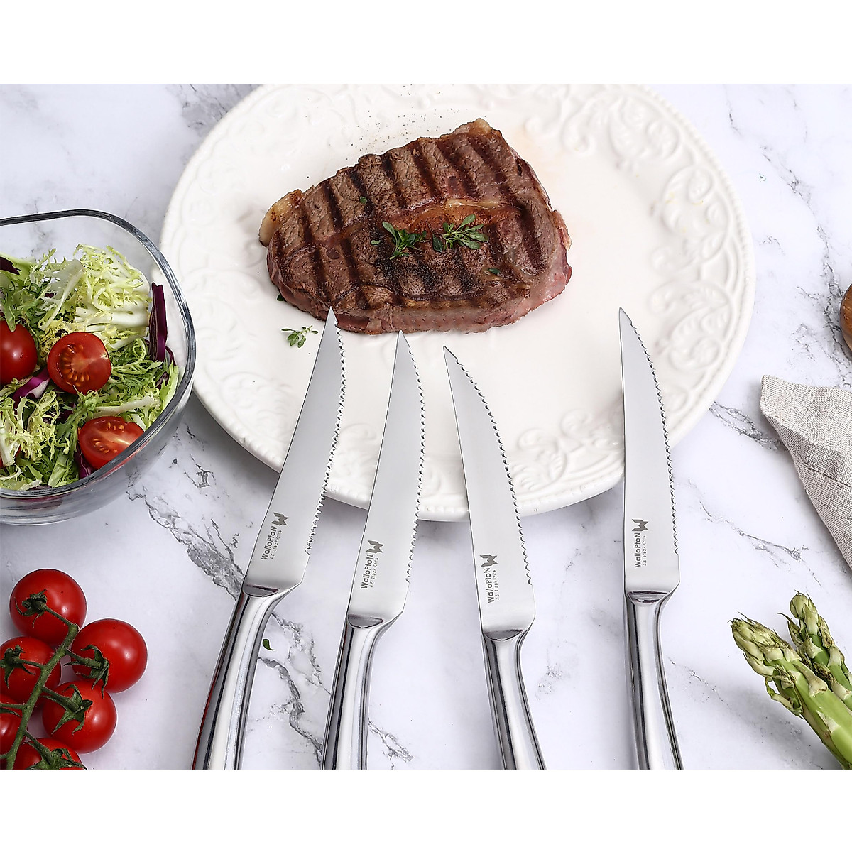 WALLOPTON Steak Knives Set of 8 - High Carbon Stainless Steel, Dishwasher Safe - Polished Blade & Handle, Straight Edge - 4.5'' Kitchen Dinner Table Knife Set Non Serrated