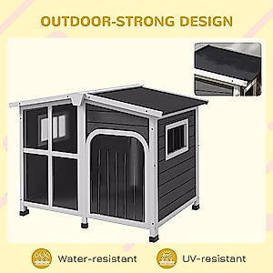 PawHut Cabin-Style Wooden Dog House for Large Dogs Outside with Openable Roof & Giant Window, Big Dog House Outdoor & Indoor, Asphalt Roof, Gray