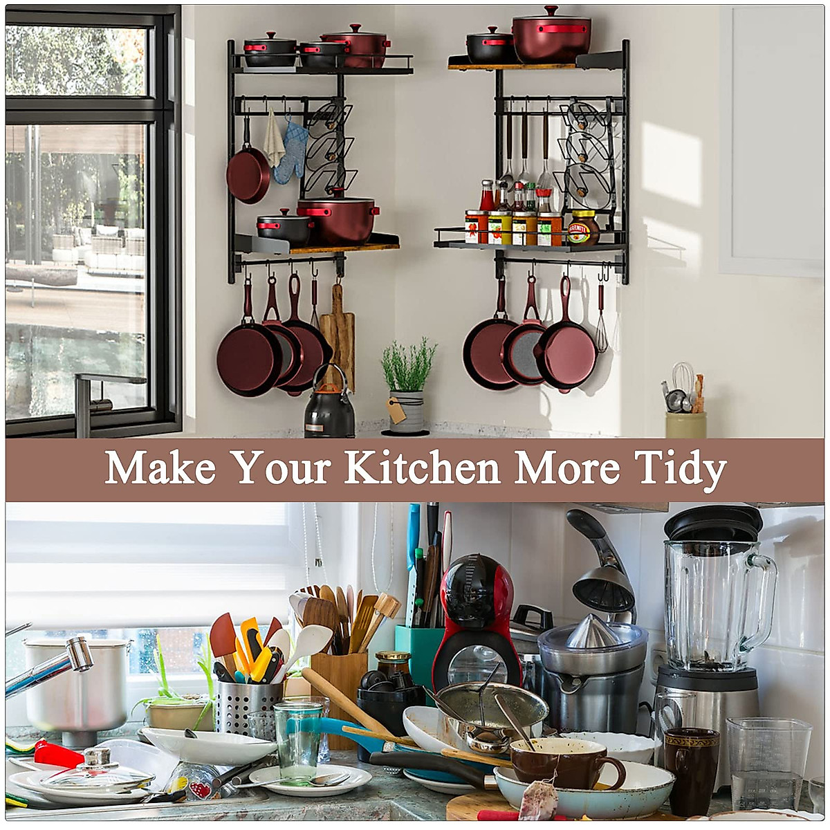 Zitaloken Hanging Pots and Pans Organizer, 2 Packs Adjustable Kitchen Shelves Wall Mounted, Pot Lid Holder Cookware & Cutting Board Storage Rack with 18 Hooks,Matte Black