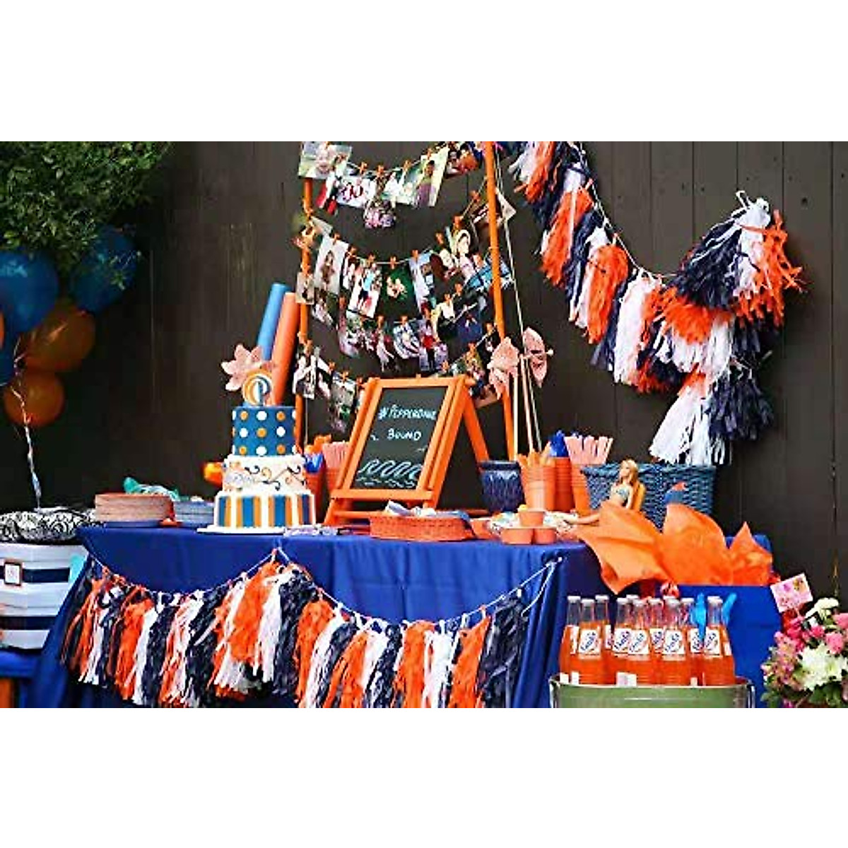 IGUO Graduation Party Supplies Navy Blue Orange White American Birthday Bachelorette Baby Shower Wedding Party Decoration Tissue Pom Pom, Orange Silver Paper Tassel for Festivals School Party Idea