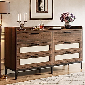 Tribesigns 6-Drawer Dresser for Bedroom, 55" Mid-Century Rustic Chest of Drawers, Wide Wood Storage Long Double Dresser Organizer for Nursery Bedroom Living Room Closet, Dark Brown