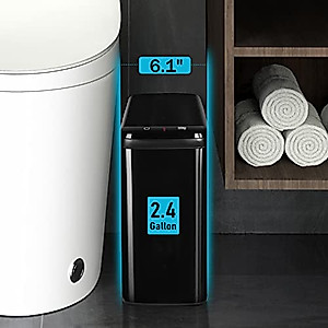 TrashAid Touchless Motion Sensor Trash Can with Lid, 2.4 Gallon Bathroom Stainless Steel Slim Trash Bin Automatic, Small Office Garbage Can Black Wastebasket for Toilet, rv, livingroom, 9 Liter