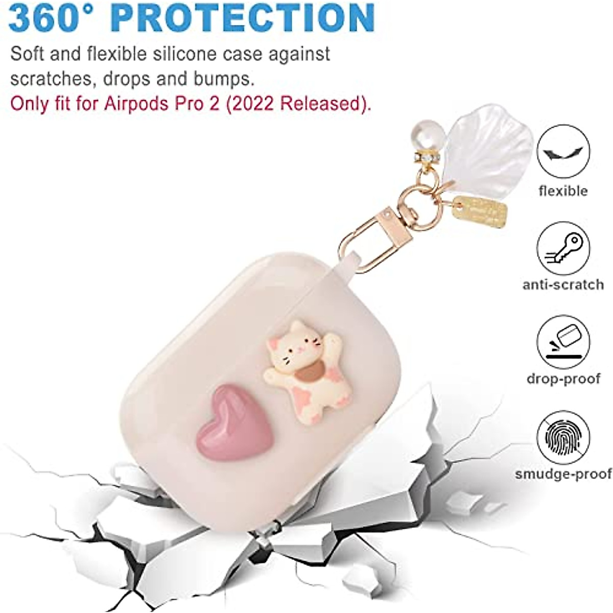Cute Kawaii AirPod Pro 2 Case with Shell Pearl Keychain Love Heart Cat Design Silicone TPU Cover Compatible with AirPods Pro 2nd Generation 2022 Case for Women and Girls