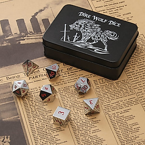 Metal Polyhedral DND Dice Set (7 Game Dice Plus Custom Tin Case) Dire Wolf Dice Gift Set for Role Playing RPG Like Dungeons and Dragons D&D, Pathfinder, Magic The Gathering MTG Games… (Silver & Red)…