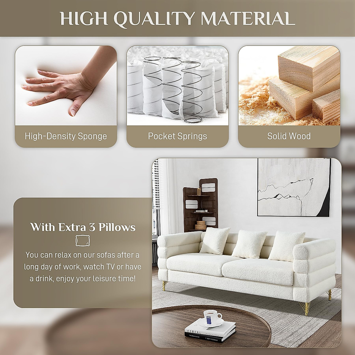 OUYESSIR Cloud Sofa Couch for Living Room, 79" Comfy Deep Seat Boucle Sherpa Sofa with 3 Pillows and Gold Legs, Modern Upholstered 3 Seater Large Loveseat for Bedroom Office, Beige White Teddy