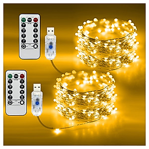 DAYBETTER 100Ft 300LED Fairy Lights Plug in, Waterproof USB String Lights Outdoor, 8 Modes with Remote, Copper Wire Twinkle Lights for Bedroom Patio Christmas Decorations (Warm White)（2-Pack 50FT