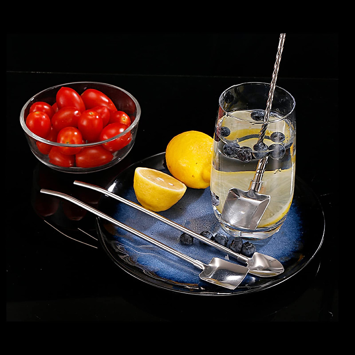 GREBAI ice tea spoons long handle 8.46 inches Long of Watermelon Spoon Stainless Steel cocktail stirring spoon Suitable for Coffee Spoons Dessert Spoon Ice cream scoop Straw Spoon 4-piece set (Silver)