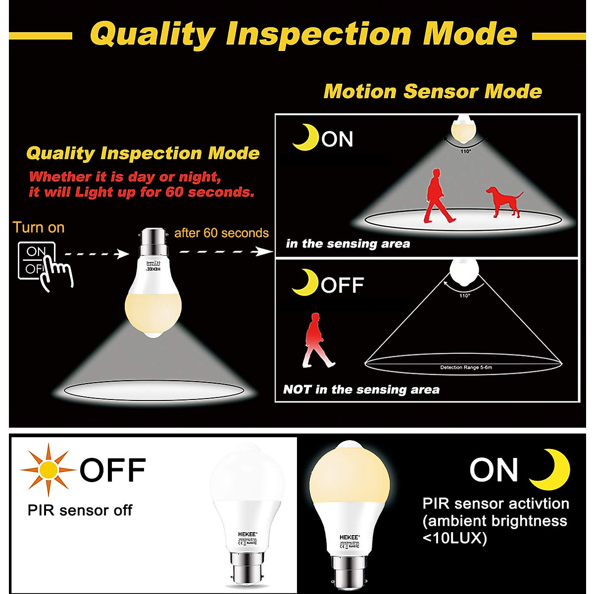HEKEE Motion Sensor LED Light Bulb 9W A19 PIR Built-in IR 60W Equivalent Bright 810 Lumens E26 Base Warm White Bulbs (2 Packs)