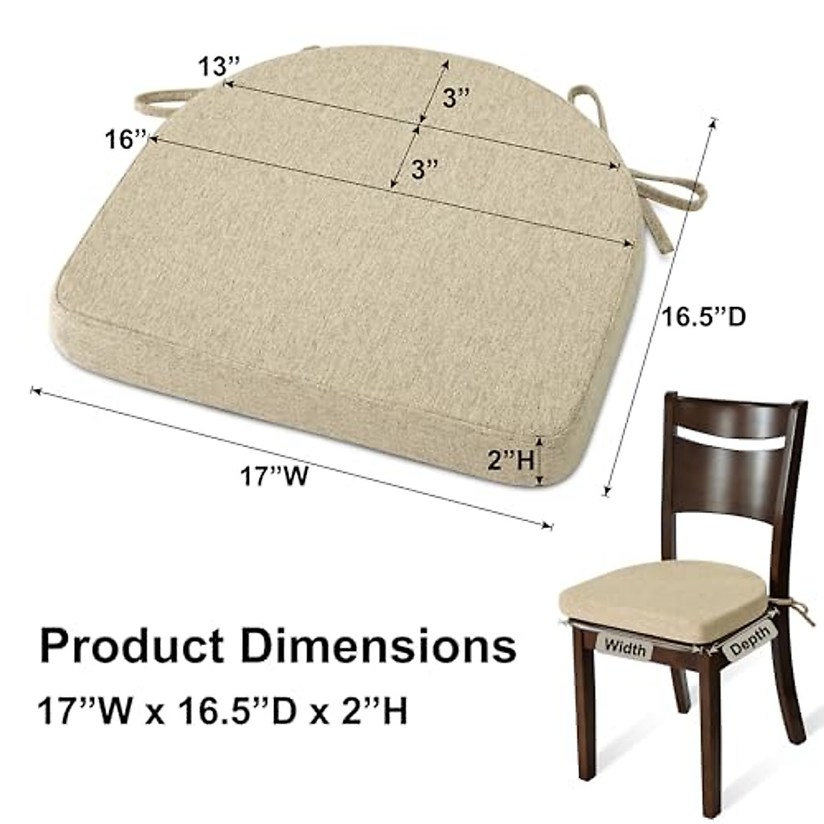 Shinnwa Chair Cushions with Ties for Dining Chairs [17 x 16.5 Inches] Non Slip Kitchen Dining Chair Pad and Seat Cushion with Machine Washable Cover Set of 4 - Natural Linen