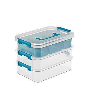 Sterilite Stack and Carry 3 Layer Handle Box and Tray, Plastic Small Storage Container with Latch Lid, Organize Crafts, Clear with Blue Tray, 12-Pack