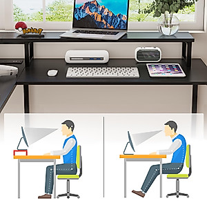MUTUN Two Person Desk, 83.7 Inch Computer Office Double Desk with Monitor Stand and Power Outlets, Rustic Writing Desk Workstation with Shelves, Long Desk for Home Office, Black