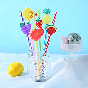 Honest ECO Replacement Disposable Plastic straws for Kids Party DIY Decoration Daily Drinking Straws (24 straws+12 plastic fruits+2 cleaning brush)