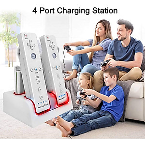 Upgraded Wii Remote Charger Station, Covanm 4 Port Wii Charging Station with 4 Rechargeable Battery for Wii (4 Port Charging Station+4 Replacement Batteries+USB Cable+Free USB Wall Charger)