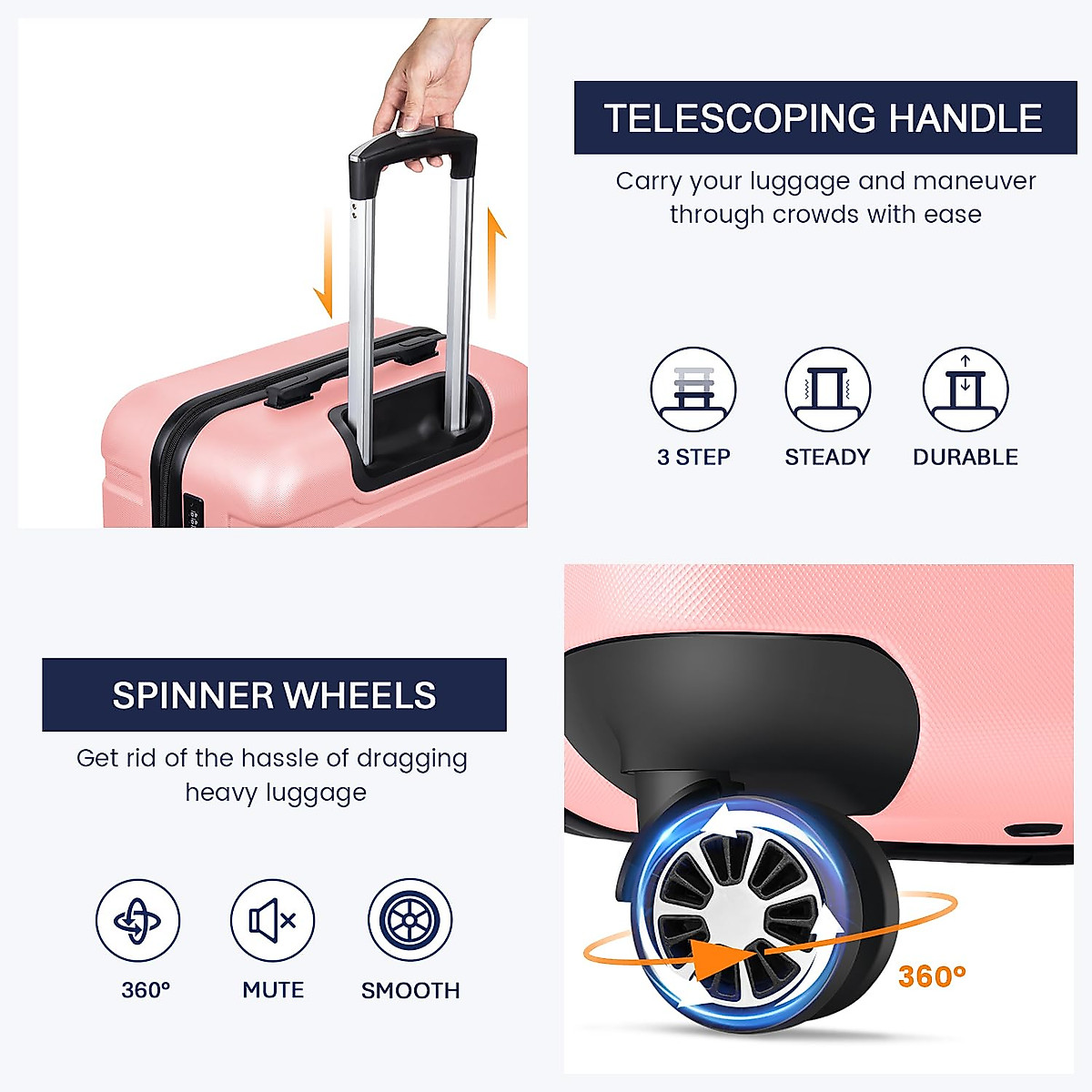 YEMENREN Luggage Sets Hardside Lightweight Suitcase with Spinner Wheels TSA Lock, 3-Piece Set (20/24/28), Pink