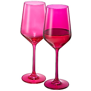 Hot Pink Wine Glasses | Set of 2 | Magenta & Blush Pink Classic Crystal Glassware, Unique Barware Glasses For Red and White, Cocktails, Champagne, Wine - Unique Gift For Wine Lovers (12 OZ)