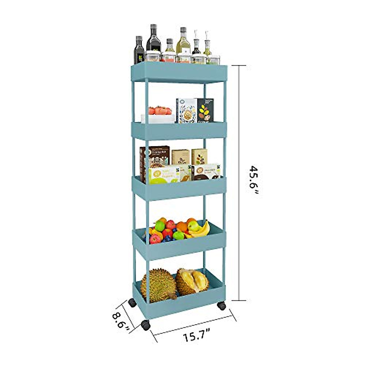 Generic 5-Tier Slide Out Storage Cart Mobile Slim Rolling Trolley on Wheels Space-Saving Shelf for Narrow Gap, Kitchen, Bathroom (Blue)