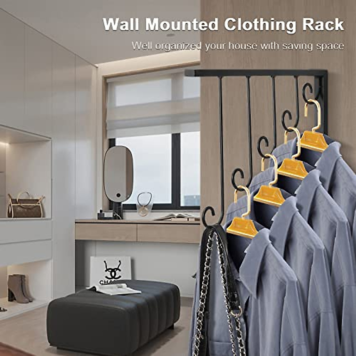 Livabber Clothing Rack Wall Mounted, Heavy Duty Metal Garment Rack for Hanging Clothes with 5 Hanging Rings, Rustic Wall Clothes Organizer for Bedroom Retail, 3 Pack (Black)