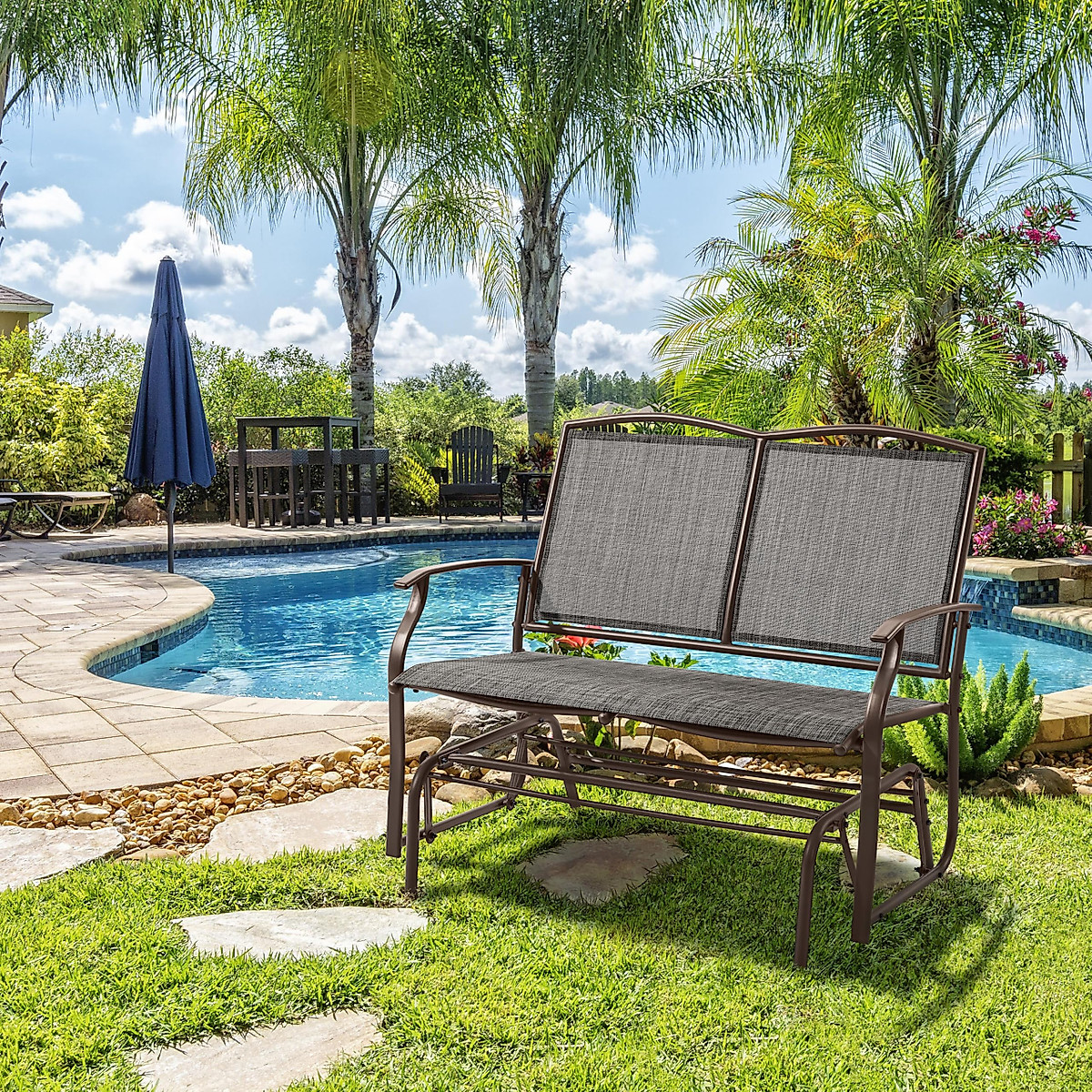 Yaheetech Outdoor Glider 2-Person Outdoor Glider Bench, Patio Glider Chair, Rocking Patio Chairs Outdoor Loveseat for Backyard, Poolside, Garden,Porch, Heavy Duty Steel Frame, Gray