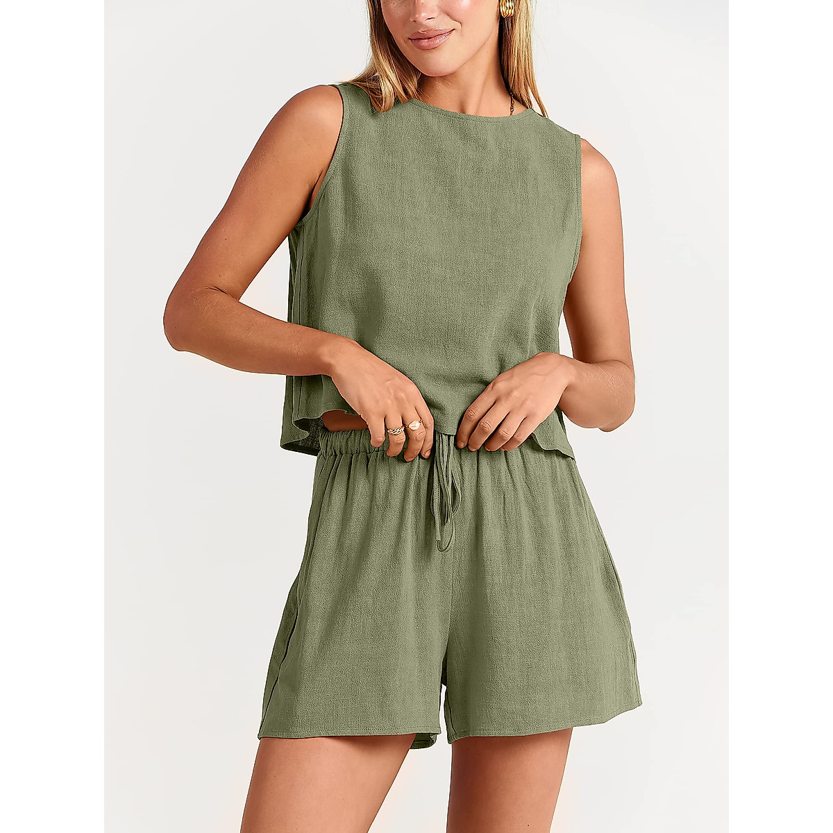 ANRABESS Women’s Summer 2 Piece Linen Shorts Sets Sleeveless Crop Top Romper Lounge Set 2024 Trendy Beach Outfits Olive Small