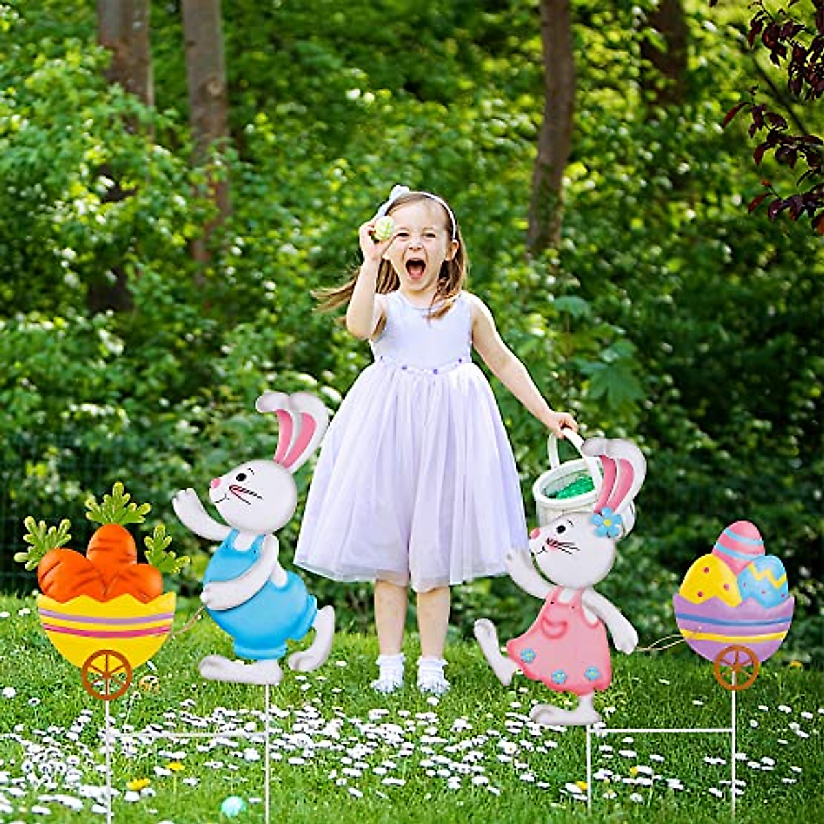 Juegoal 2 Pack Easter Garden Stakes, Metal Easter Bunny with Egg and Carrot Wheel Barrows Yard Signs, Outdoor Waterproof Decorative Rabbits Eggs Easter Stakes for Garden Home Lawn Patio Decorations