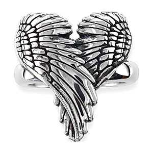 Large Wings of Love with Black, Winged Love, Angel Heart Wings Ring, 22mm in Sterling Silver Size 5.5