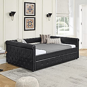 JULYFOX Upholstered Dabyed Full Size with Trundle, Button Tufted Full Size Platform Bed with Twin Trundle No Box Spring Needed Nail Head Trims Space Saving Bed(Black,Full)