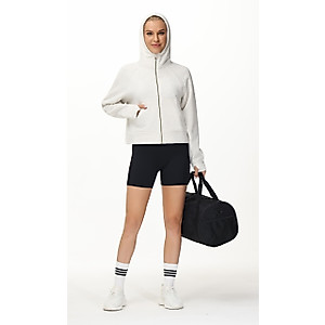 THE GYM PEOPLE Women's Full-Zip Up Hoodies Jacket Fleece Workout Crop Tops Sweatshirts with Pockets Thumb Hole Off-white