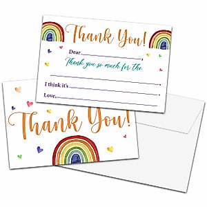Kids Thank You Cards Fill in the Blank, Boho Rainbow Thank You Cards, Rainbow Greeting Cards, Thank You Notes For Boys Girls, Birthday Party Decorations Favors (20 Cards With 20 Envelopes) -11