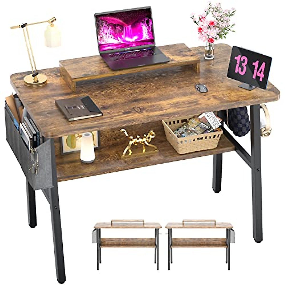 Computer Desk, Desk with Monitor Stand Shelf, 40 Inch Laptop Table with Bookshelves, Study Writing Desk with Storage Bag and Hooks, Small Desk for Small Space, Home, Office, Rustic Brown