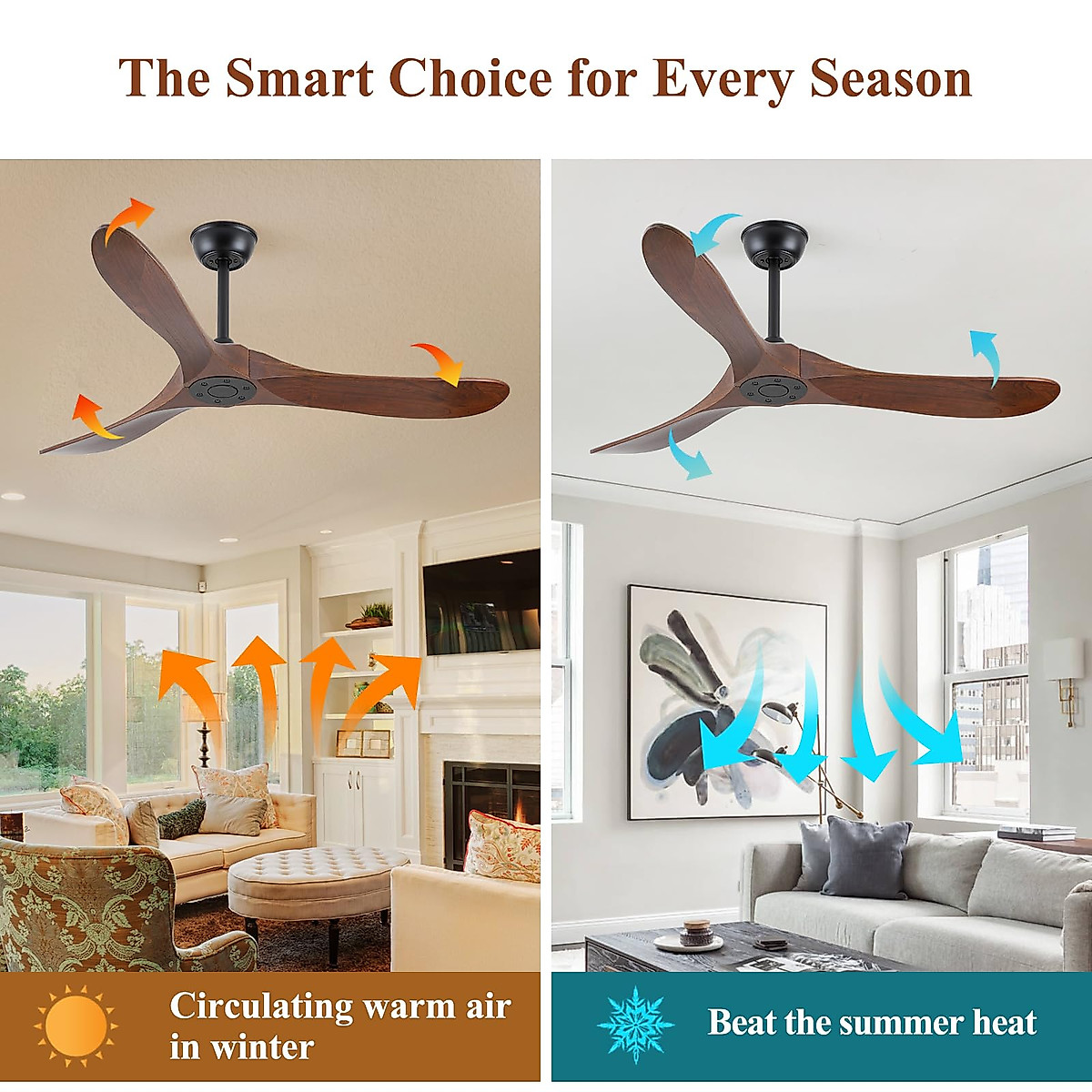 DefinElegant Walnut Wood 52" Ceiling Fan, 6-Speed, Reversible 3 Blades, Timed Shutdown, Silent DC Motor, for Bedroom, Porch