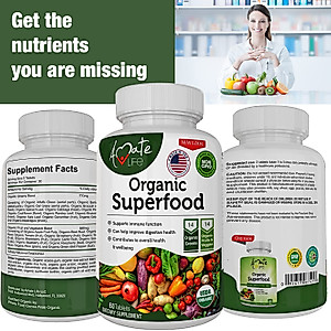 Organic Superfood Greens Fruits and Veggies Complex - Best Dietary Supplement with 14 Greens and 14 Fruits & Vegetables with Alfalfa Rich in Antioxidants Organic Ingredients Non-GMO 60 Tablets