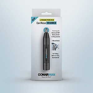 ConairMan Nose Hair Trimmer for Men, For Nose, Ear, and Eyebrows, Patent 360 Bevel Blade for No Pull, No Snag Trimming Experience, Cordless Lithium-Powered Trimmer with Drawstring Bag