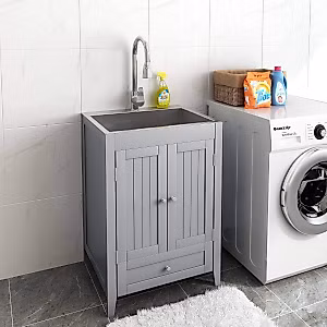 VINGLI 24-Inch Laundry Sink with Cabinet and Pull-Out Sprayer Faucet, Stainless Steel Utility Sink with Cabinet and Drawer Combo, Cabinet with Sink for Laundry & Utility Room, Kitchen, Bathroom, Grey