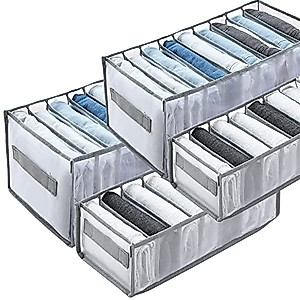 4Pcs Wardrobe Clothes Organizer, 9 Grids Washable Jeans Compartment Storage Box, Upgraded Mesh Separation Box with Handle, Foldable Drawer Organizers Clothes for Jeans, Shirt, Skirt, Legging, Grey