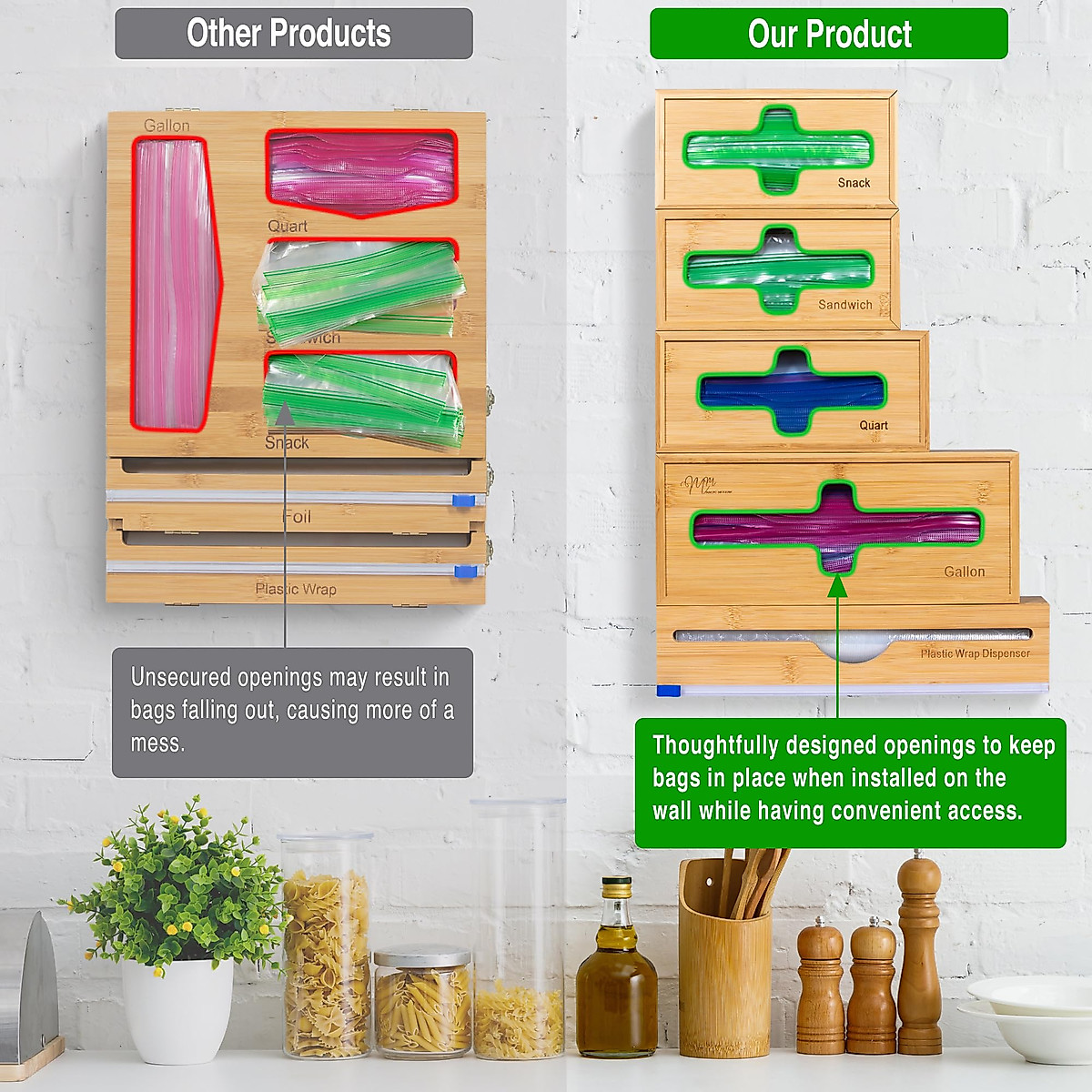 Bamboo Food Bag Storage Organizer for Kitchen Drawer, Plastic Bag Organizer with Individual Boxes and Plastic Wrap Cutter - for Sandwich, Slider, Quart, Slider Quart, Gallon, Plastic Wrap, Foil