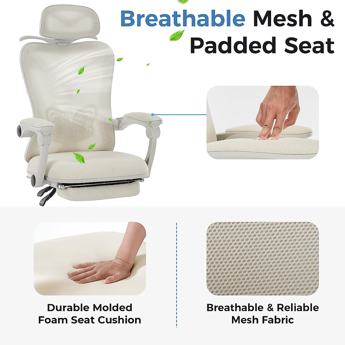 GGN Ergonomic Office Chair with Foot Rest, White Reclining Desk Chair with Leg Rest, Mesh Computer Desk Chair with Adjustable Headrest & Lumbar Support, White