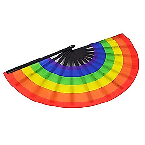 Amajiji Large Folding Hand Rave Fan for Women/Men, Chinease/Japanese Bamboo and Nylon-Cloth Folding Hand Fan, Hand Fan Festival Fan Gift Fan Craft Fan Folding Fan Dance Fan (Rainbow)