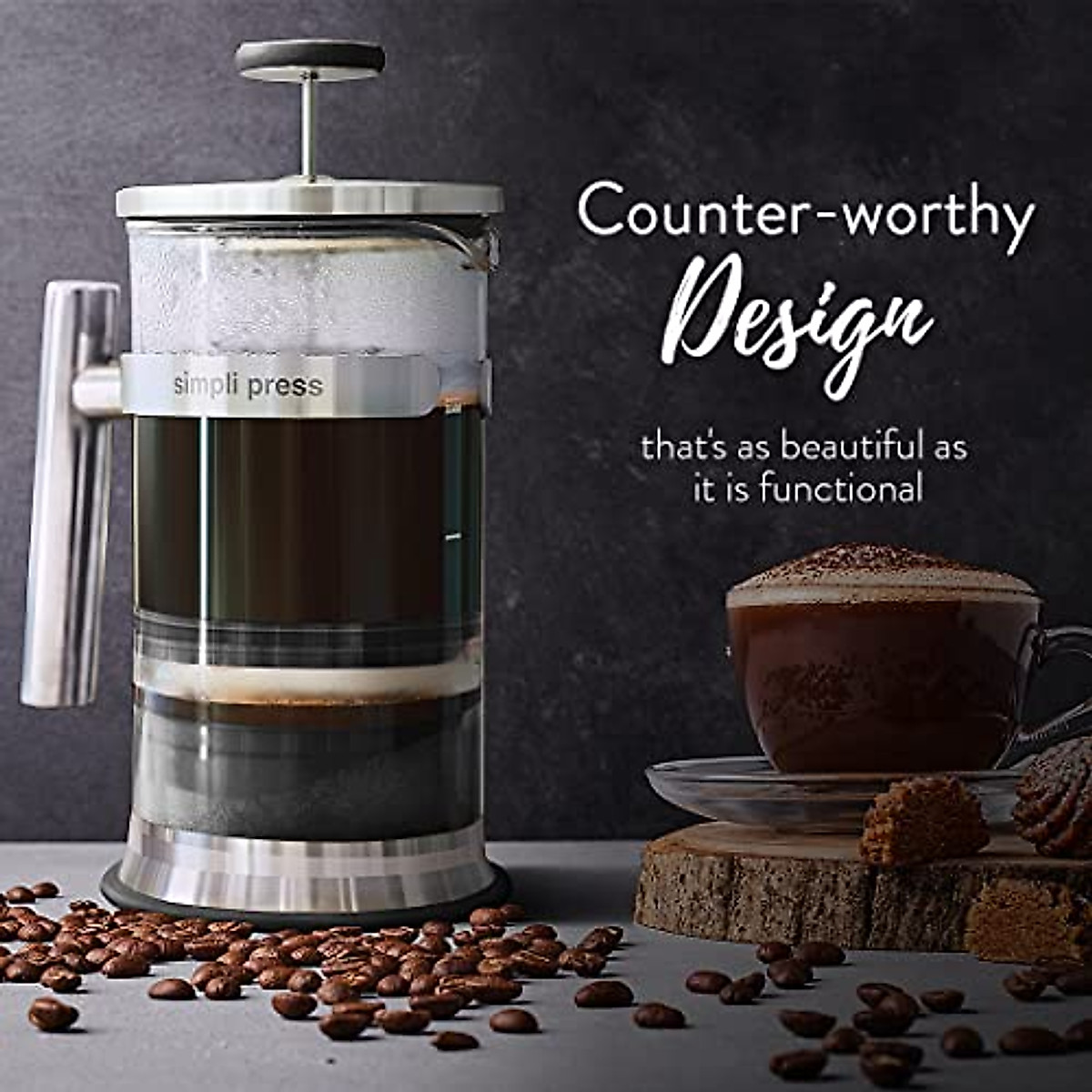 Simpli Press French Press Coffee & Tea Maker - Easy Cleanup & Customizable Smooth Coffee - Patented - Plastic-Free Premium Stainless Steel 34 oz - Black Color