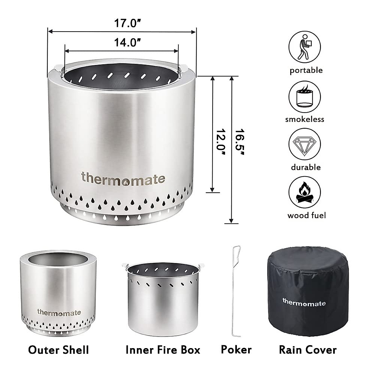 thermomate Large Outdoor Fire Pit for Patio Backyard, 17x16.5 Inch Stainless Steel Round Bowl Wood Burning, Smokeless , Portable Camping Fire Pit