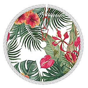 Christmas Tree Skirt 30" - Summer Hawaiian Printed Tree Skirt with Tassel Xmas Tree Decoration for Christmas Holiday