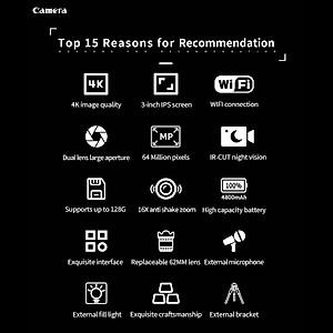 4K Digital Camera 3 ' LCD 64MP 16X Zoom 120° Wide Angle Lens WiFi Digital Camera with Night Vision, Macro Optical Tech and Full Kits, 128GB SD (not Included) Fit for Teens & Adult