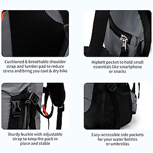 Shanyk Waterproof Hiking Backpack 36L | Lightweight Daypack with Rain Cover for Travel Outdoor Sports Camping Backpacking (Grey)